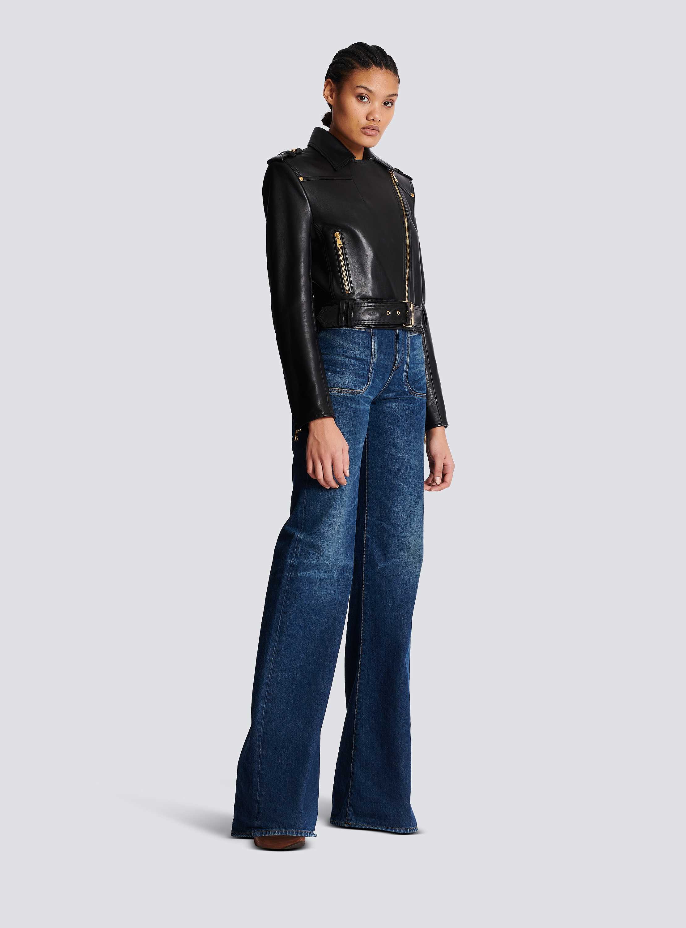 Short leather biker jacket black - Women | BALMAIN Short leather biker jacket black - Women | BALMAIN