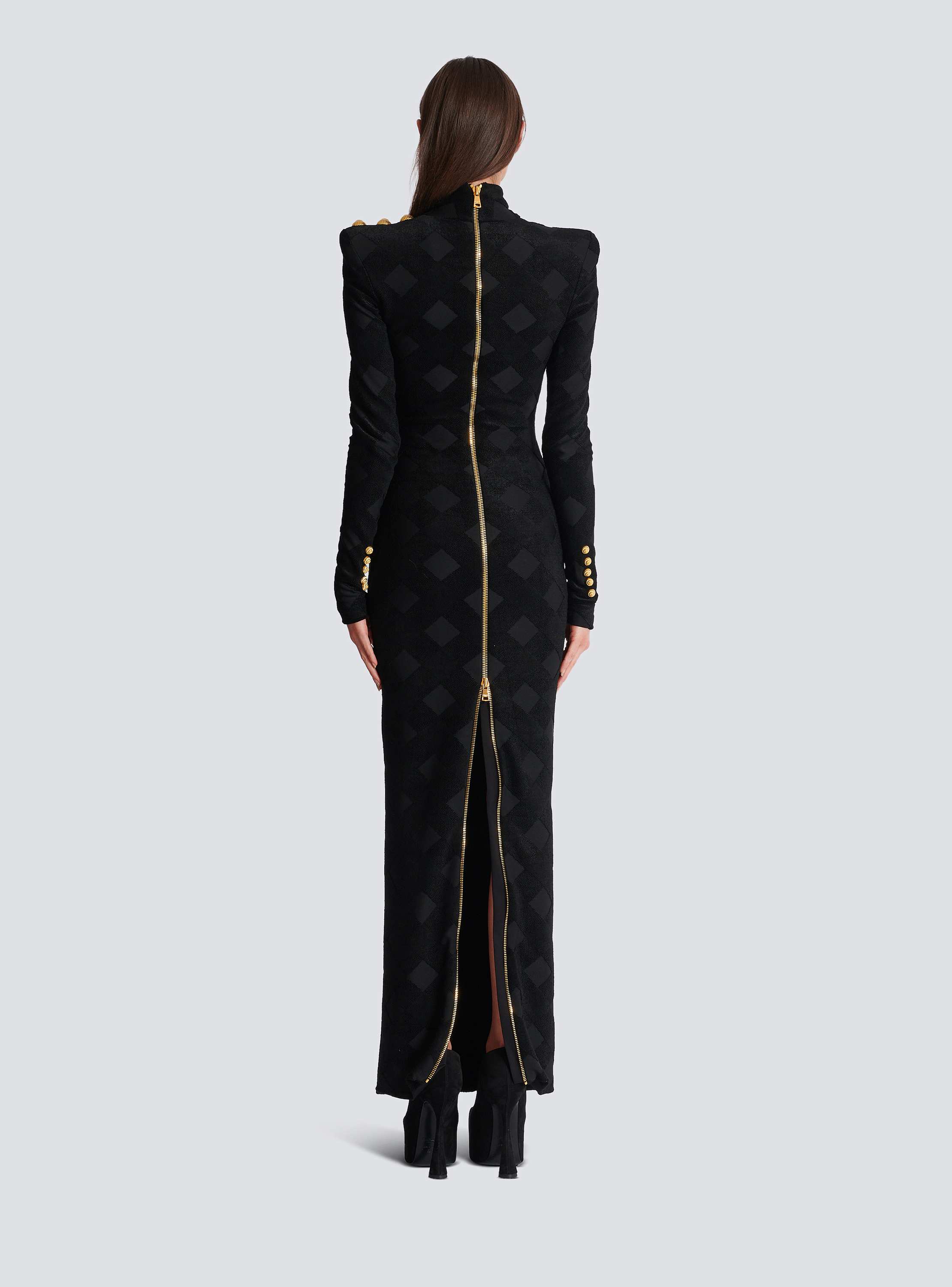 Long gingham bouclé dress black - Women | BALMAIN Long gingham bouclé dress black - Women | BALMAIN