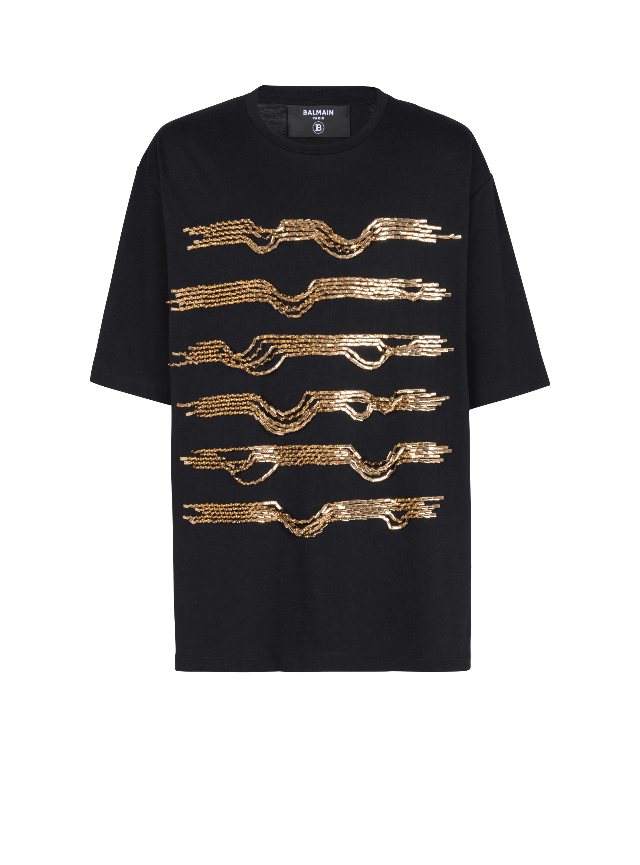 디스트로이드 스트라이프 자수 장식 코튼 티셔츠 Men Balmain