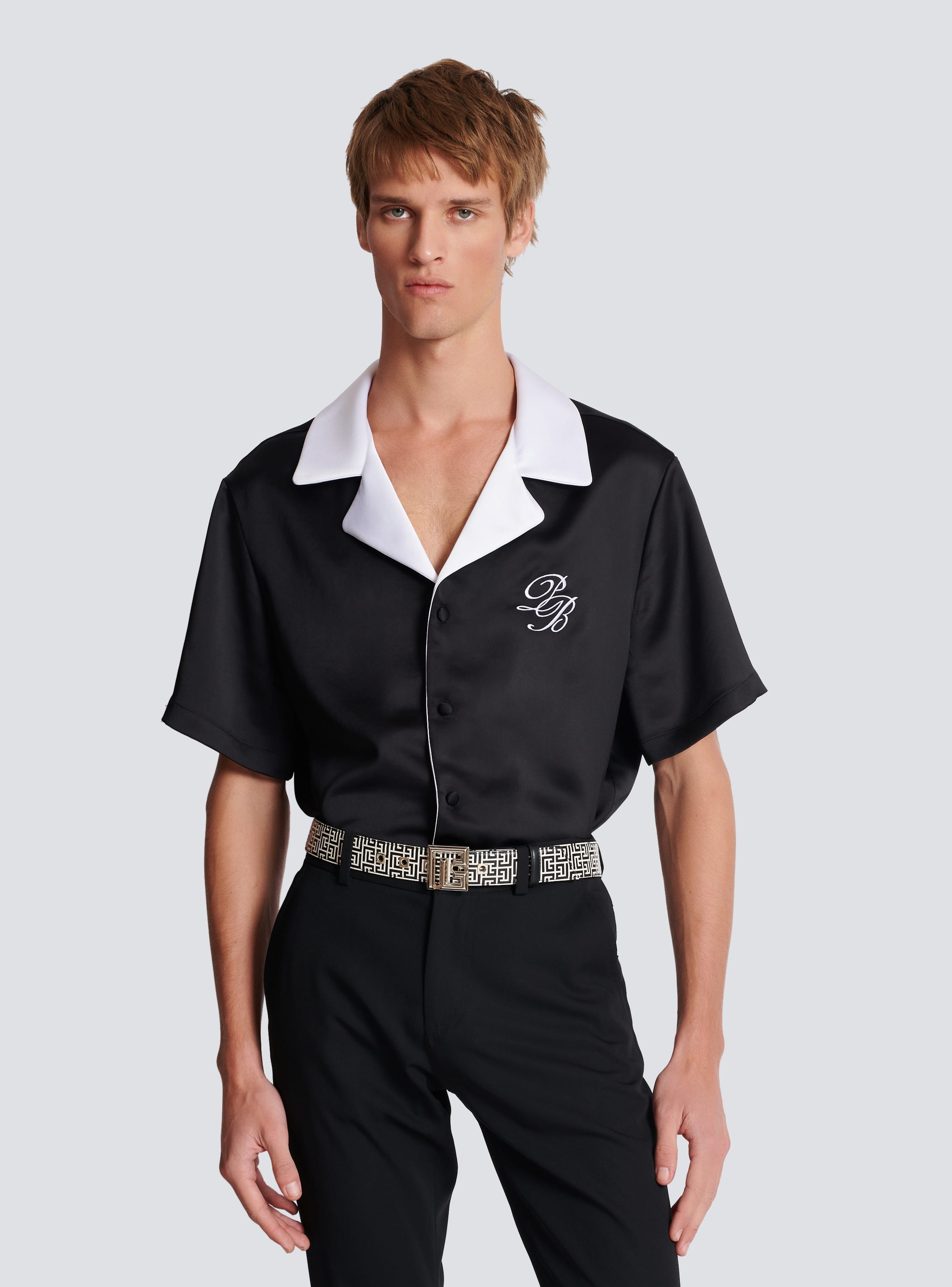Pb Belt In Monogrammed Embossed Calfskin Black Men Balmain