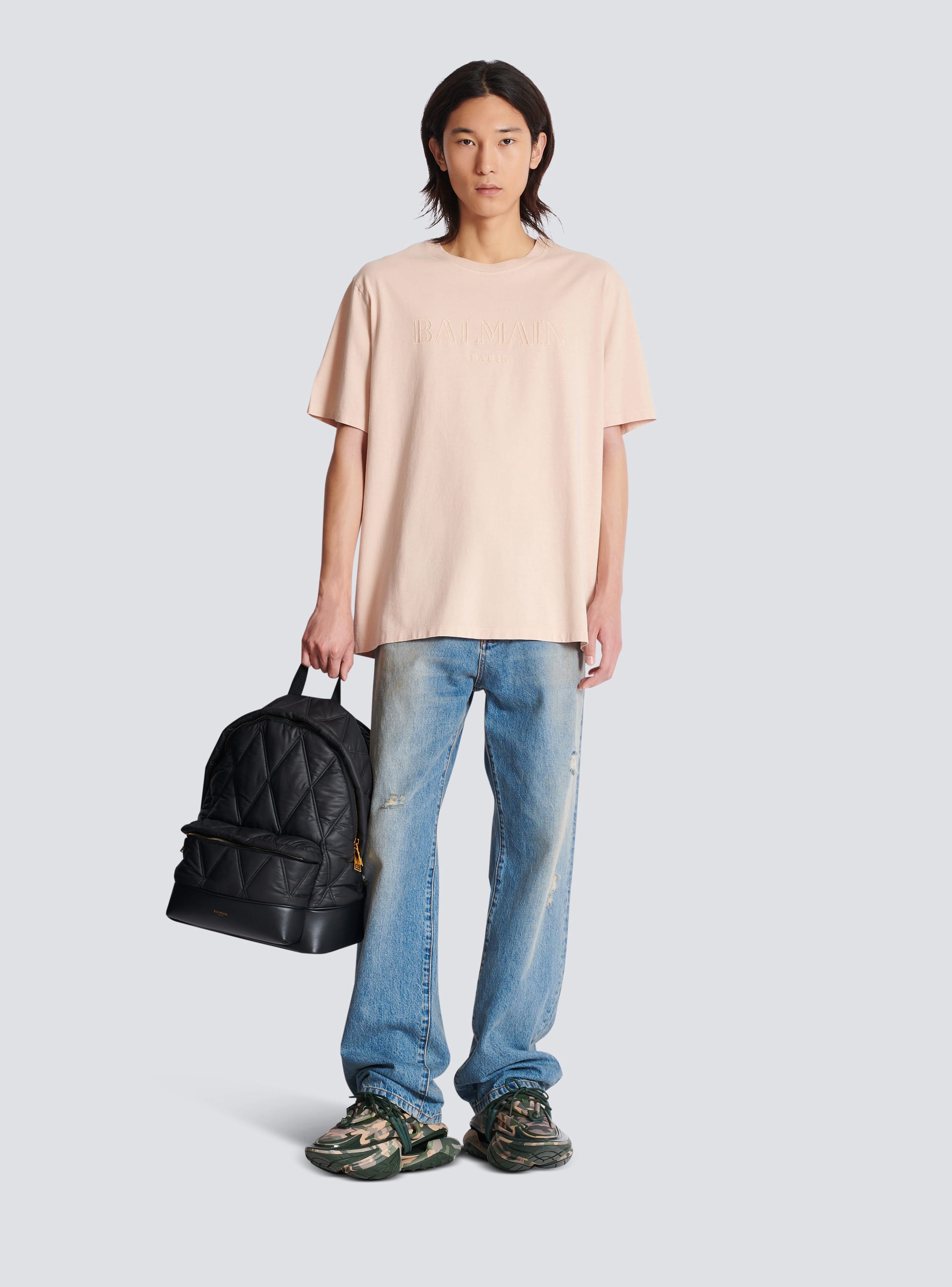 Loose T-shirt with vintage Balmain embroidery beige - Men | BALMAIN